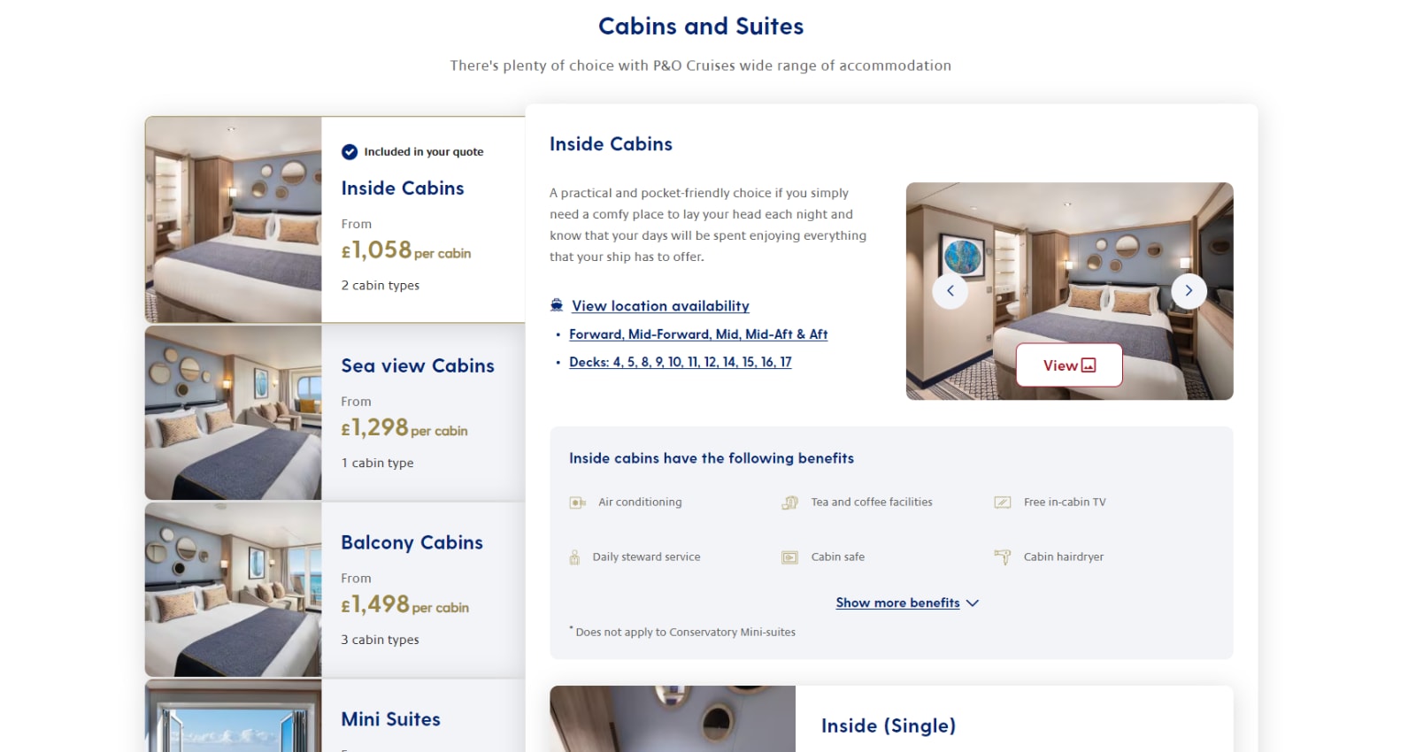 How do I compare cabins when booking a P&O Cruises holiday?